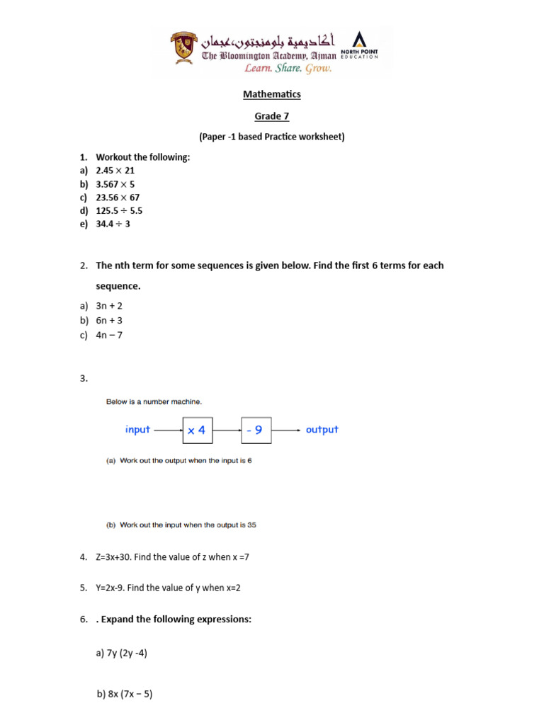 Revision Worksheet Grade 7 March | PDF