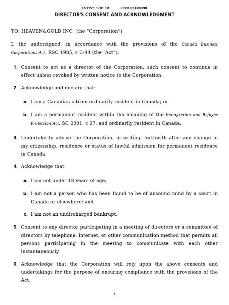 Director's Consent for Heaven&Gold Inc. | PDF