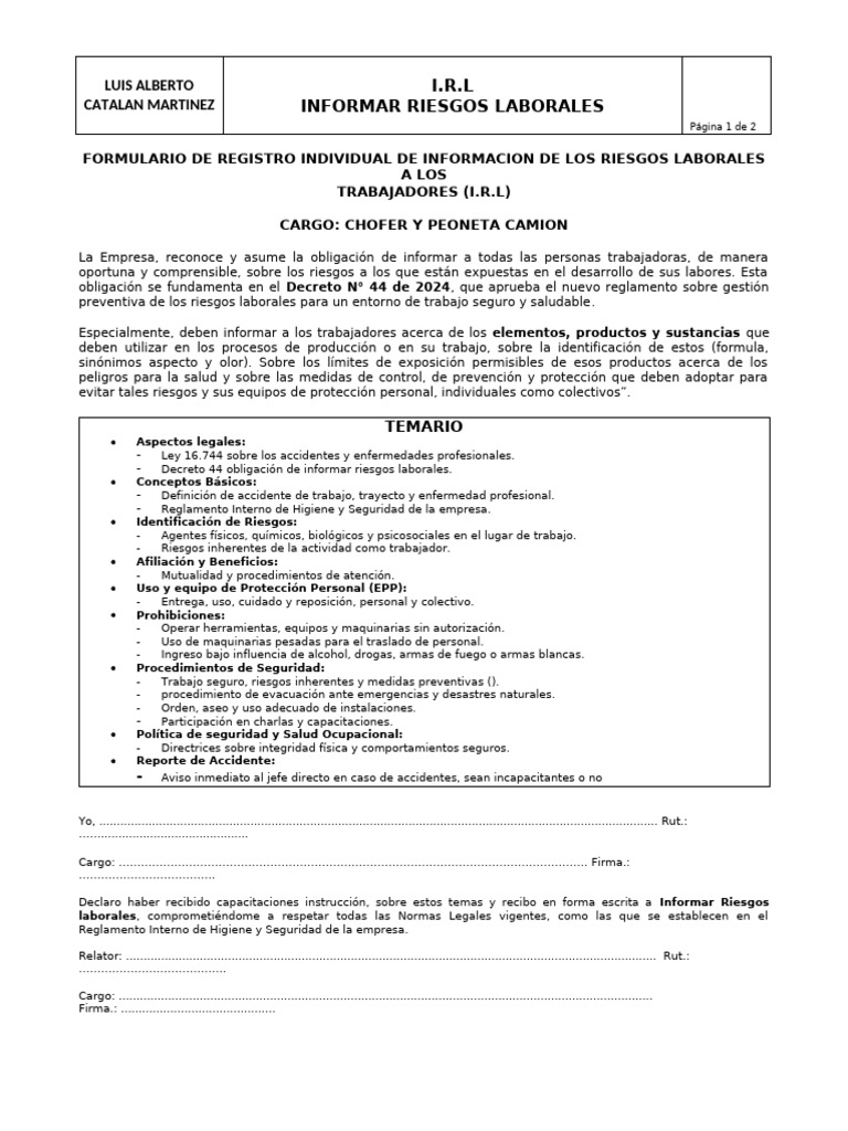 Registro de Riesgos Laborales para Choferes | PDF | Protector solar