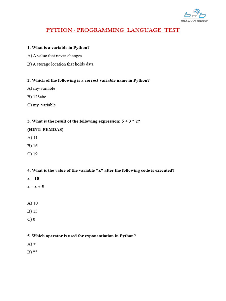 Python Programming Language Quiz | PDF
