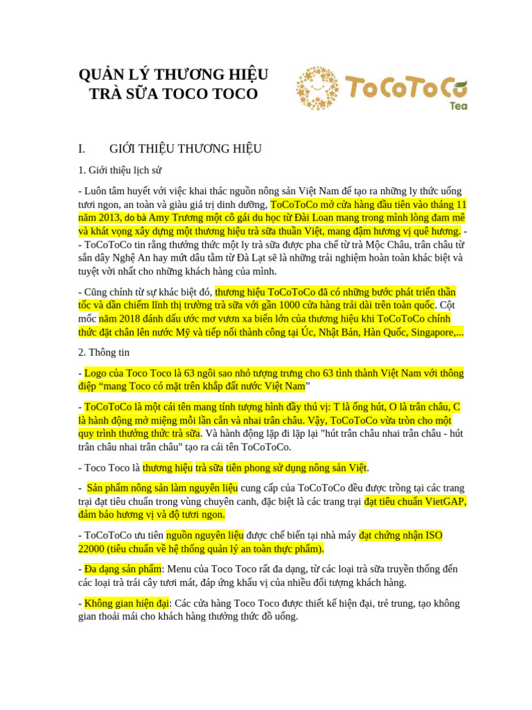 QUẢN LÝ THƯƠNG HIỆU TRÀ SỮA TOCO TOCO | PDF
