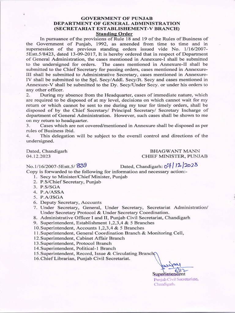 Standing Orders GAD Dated 07-12-2023-1 | PDF