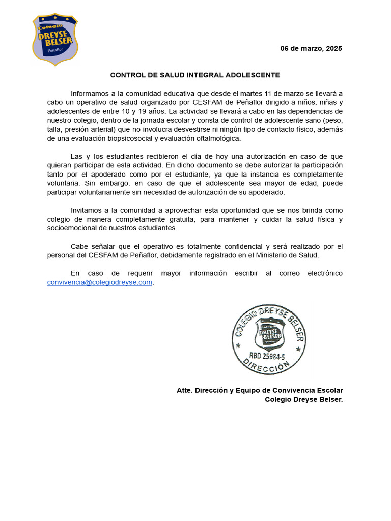 Control de Salud Integral Adolescente | PDF