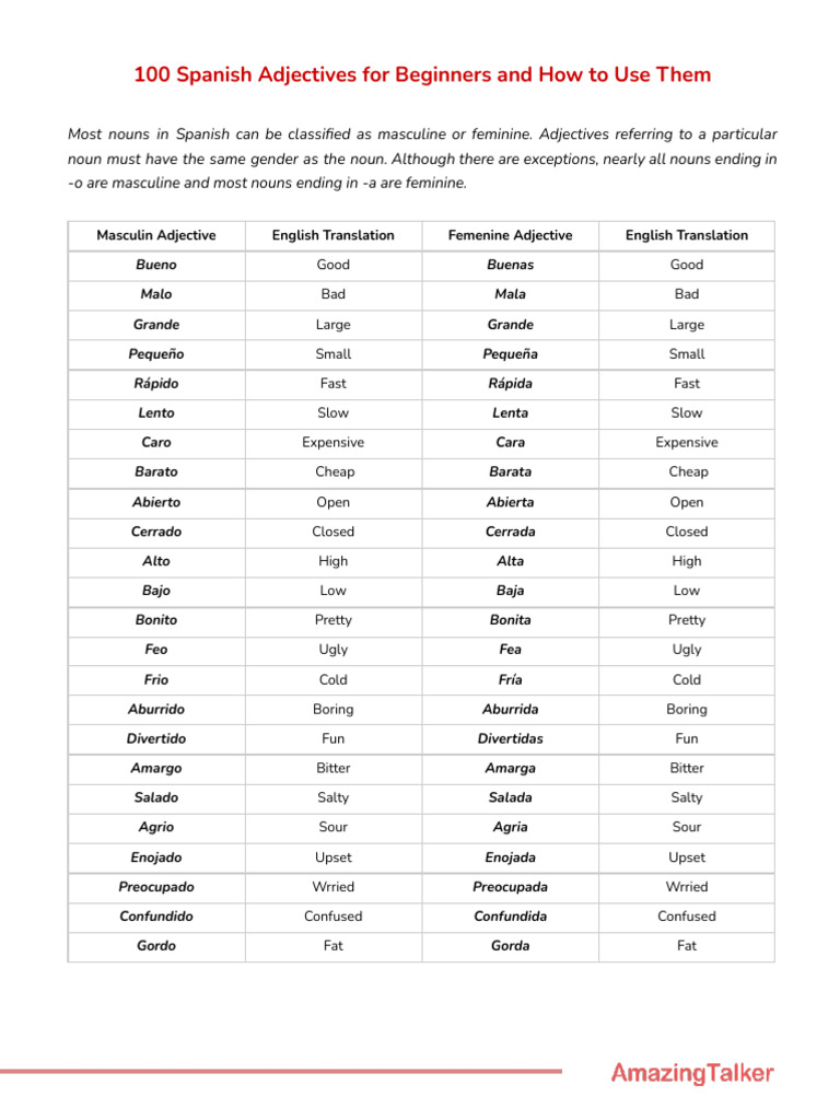 100 Essential Spanish Adjectives | PDF | Vocabulary | Language Mechanics