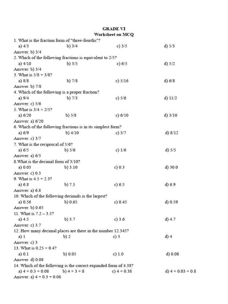 Grade VI Maths MCQ answer key | PDF | Length | Area