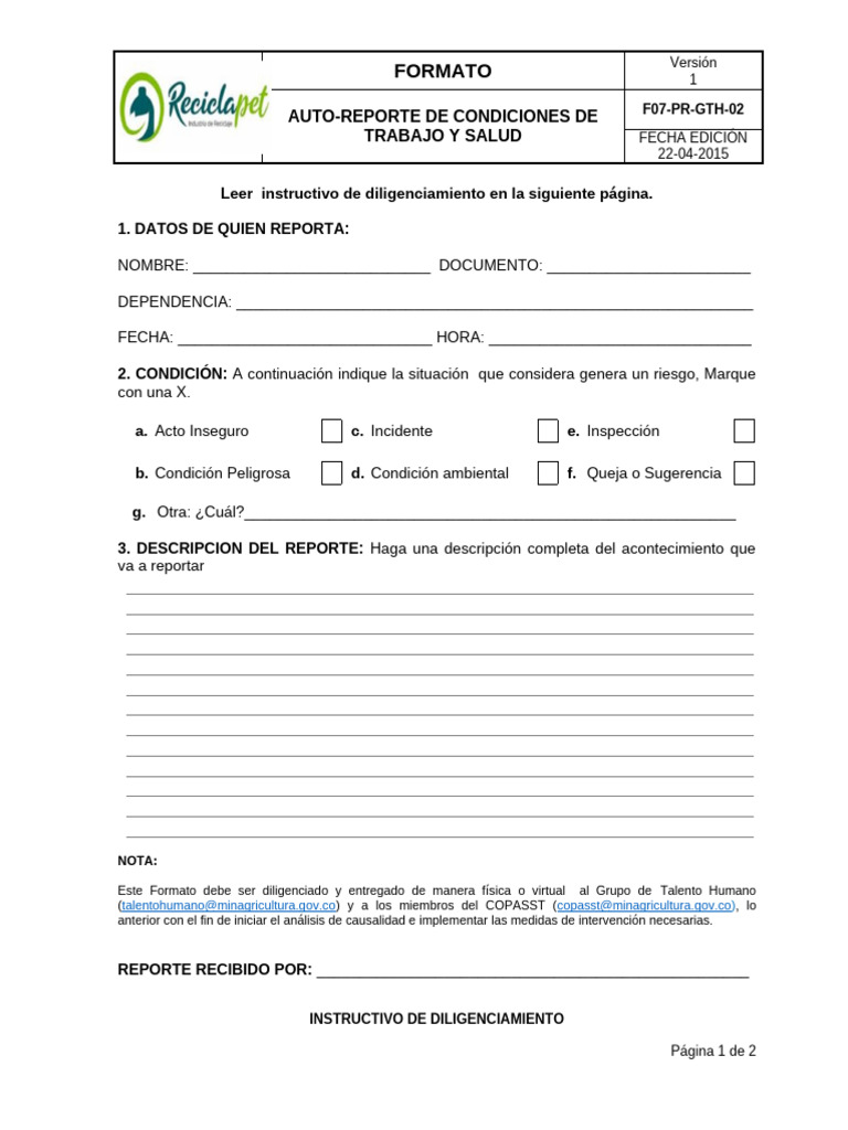 Formato de Auto-Reporte de Salud Laboral | PDF
