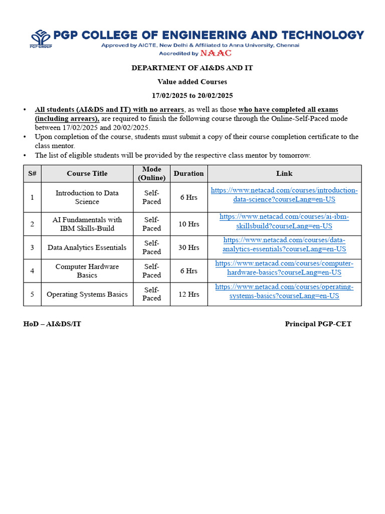 AI&DS and IT Value-Added Courses 2025 | PDF