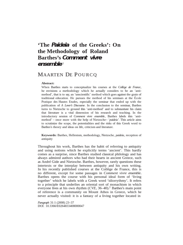 The Paideia of The Greeks' On The Methodology of Roland Barthes's ...