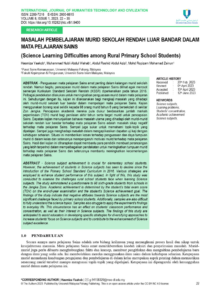 Masalah Pembelajaran Murid Sekolah Rendah Luar Bandar Dalam Mata ...