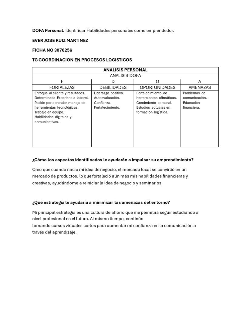 Análisis DOFA Personal para Emprendedores | PDF