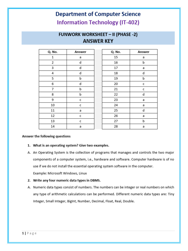 IT Phase II Funwork Worksheet 2 Key | PDF | Relational Database | Databases