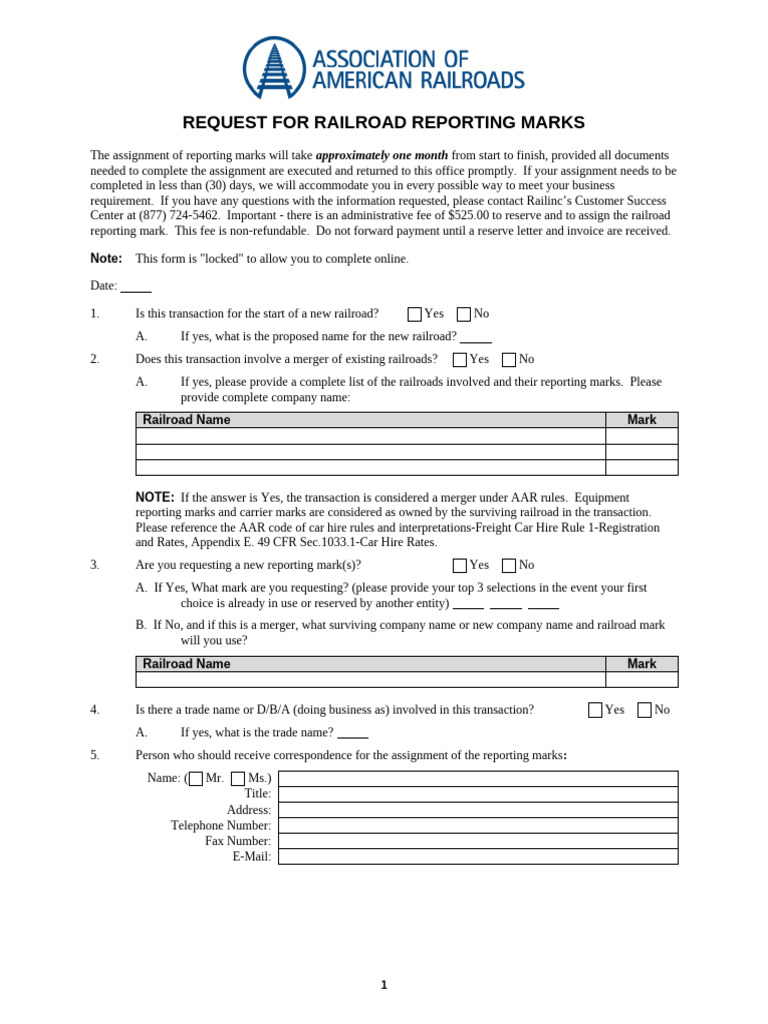 Railroad Reporting Marks Request Form | PDF