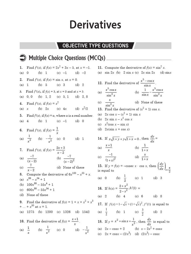 Derivatives MCQ | PDF | Trigonometric Functions | Functions And Mappings