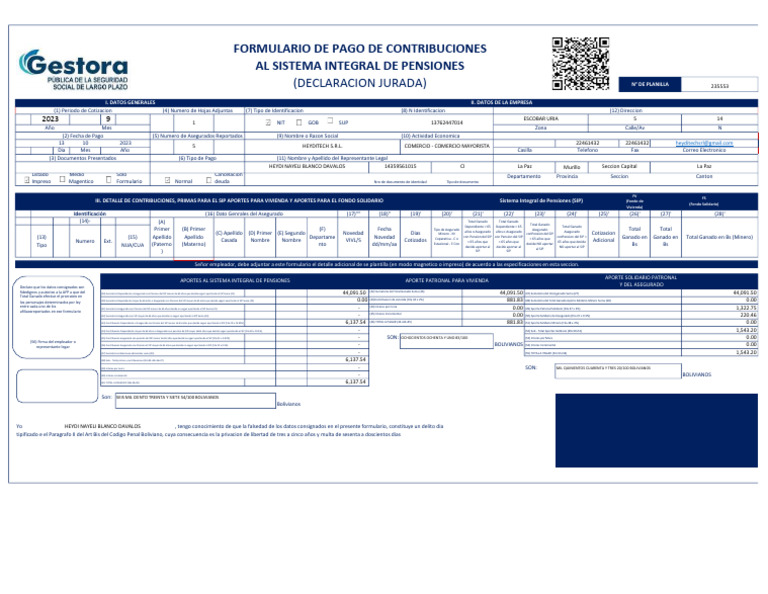 Formulario de Pago de Contribuciones Al Sistema Integral de Pensiones | PDF