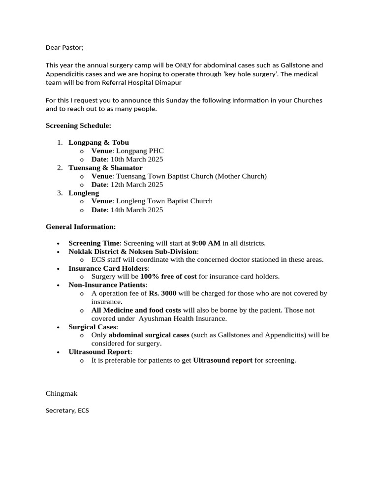 Surgery Camp Screening | PDF