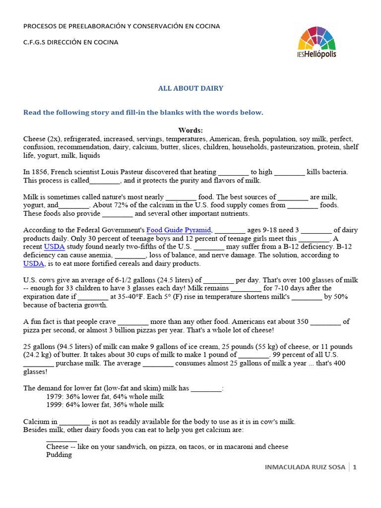 All about Dairy worksheet-1 | PDF | Milk | Dairy