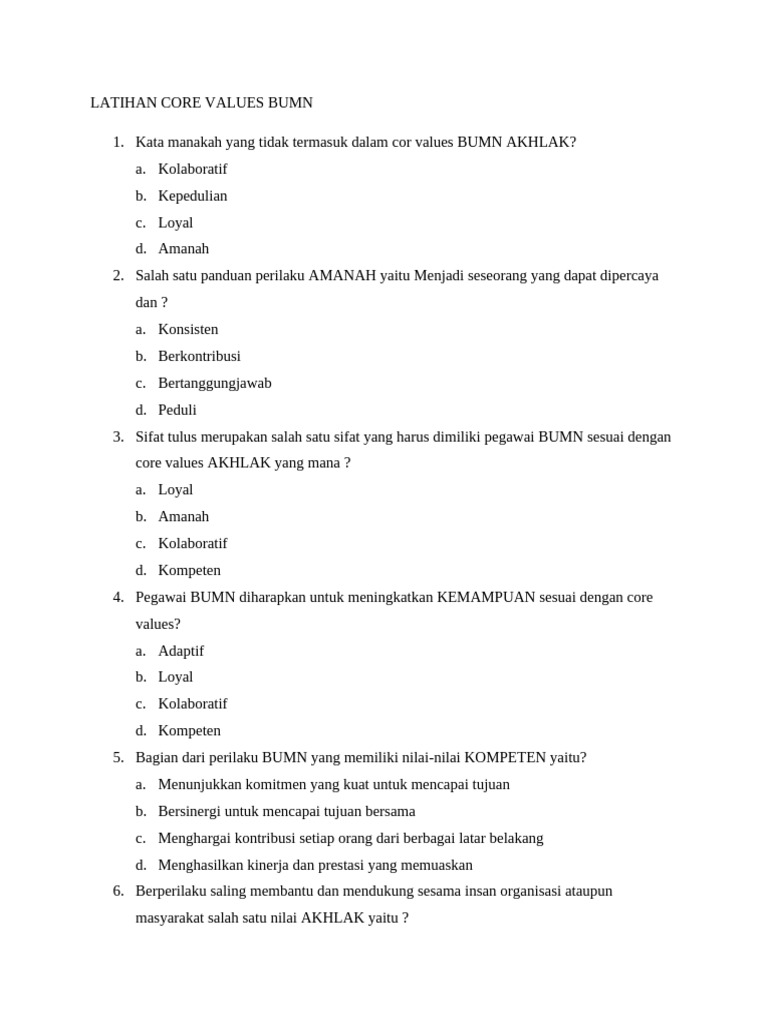 LATIHAN CORE VALUES BUMN | PDF