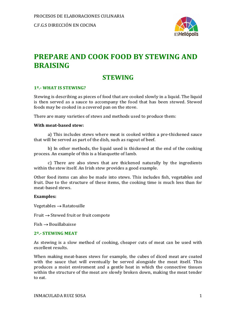 Prepare and Cook Food by Stewing and Braising | PDF | Stew | Cooking