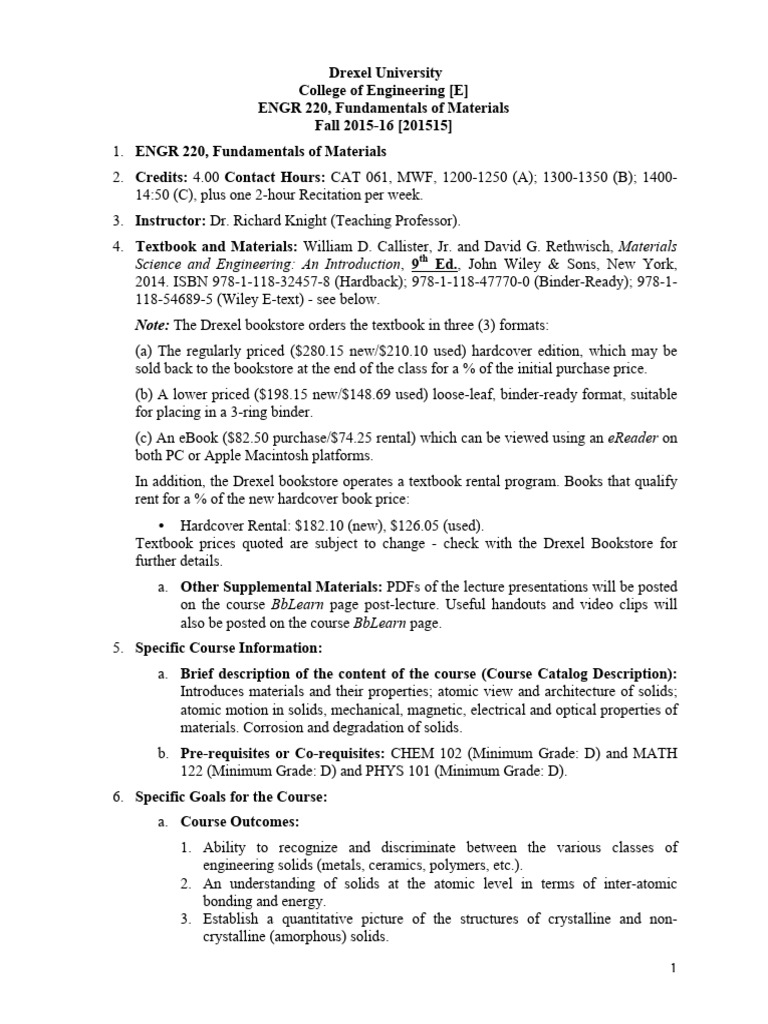 ENGR 220 Syllabus-Students, Fall 2015-16 Rev3 | PDF | Solid | Magnetism