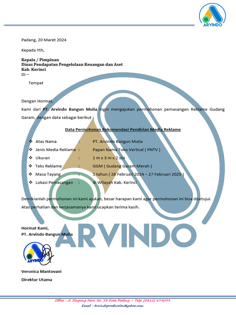 026 ARVINDO - Surat Permohonan Pemasangan Reklame PNTV GGM 8 Unit Kab.Kerinci | PDF