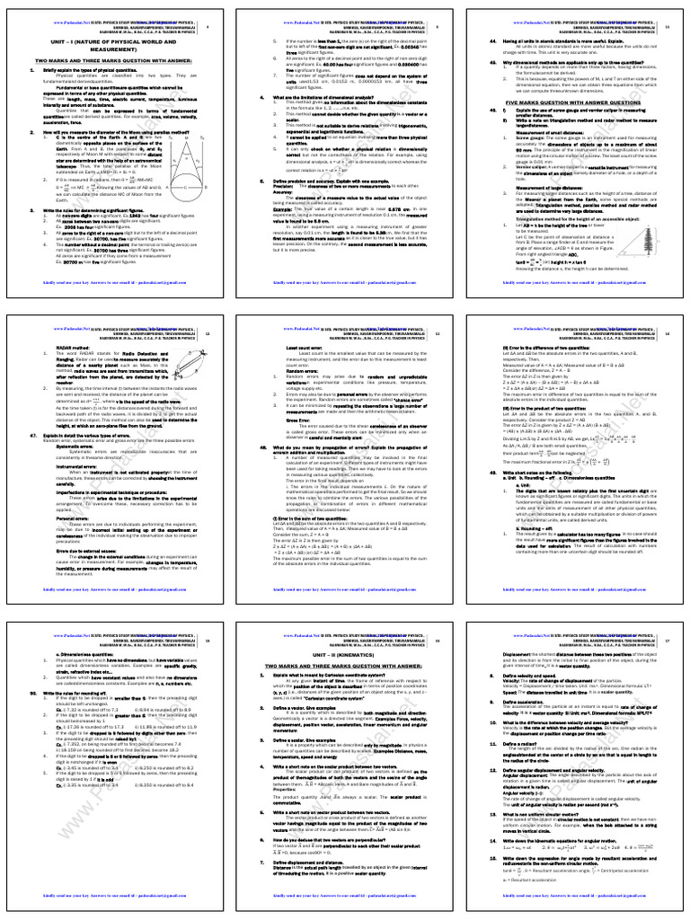 11th Physics Study Material PDF Download | PDF | Velocity | Euclidean ...