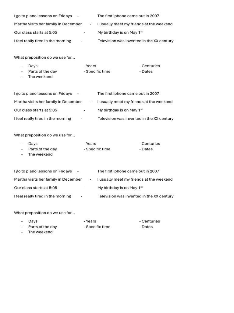 Prepositions of Time Guided Discovery | PDF