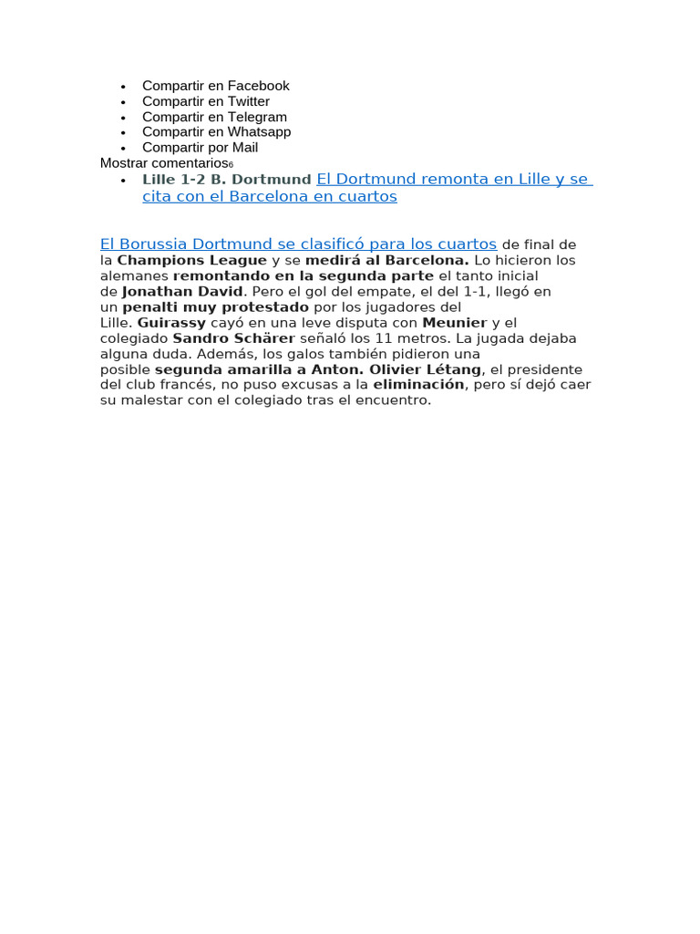 El Dortmund Remonta en Lille y Se Cita Con El Barcelona en Cuartos El Borussia Dortmund Se ...