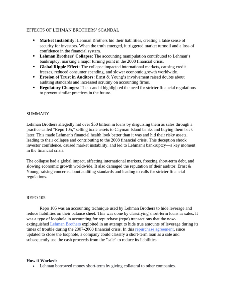 Effects-Lehman Brothers' Scandal-Ait | PDF | Repurchase Agreement ...