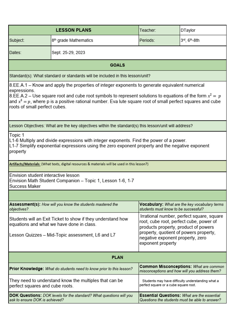 8th Grade Math Lesson Plans: Exponents | PDF | Exponentiation | Square Root
