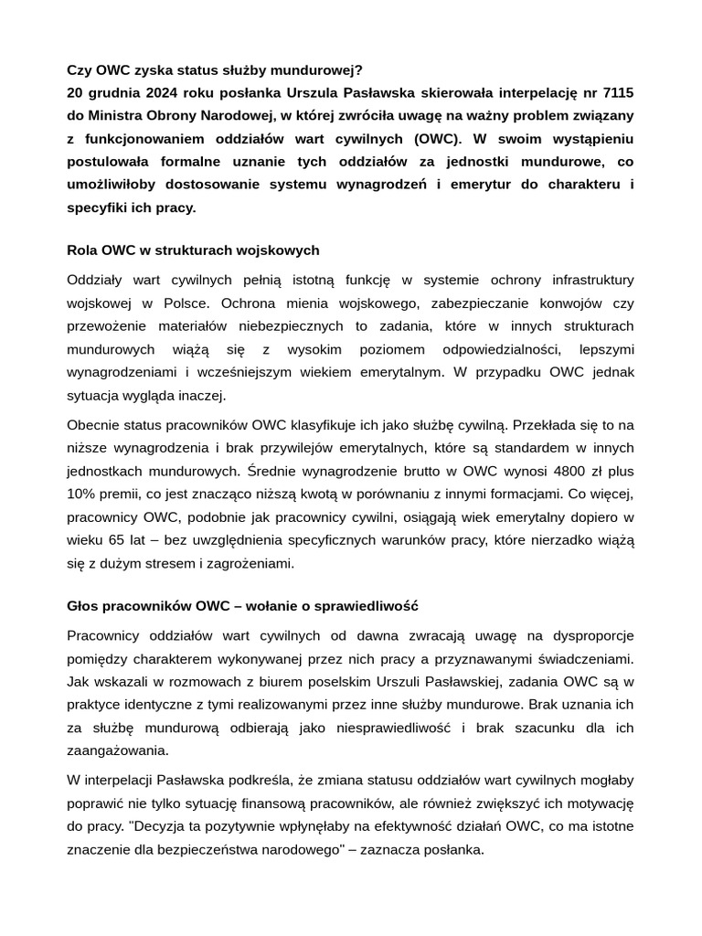 Art. Czy OWC zyska status służby mundurowej | PDF