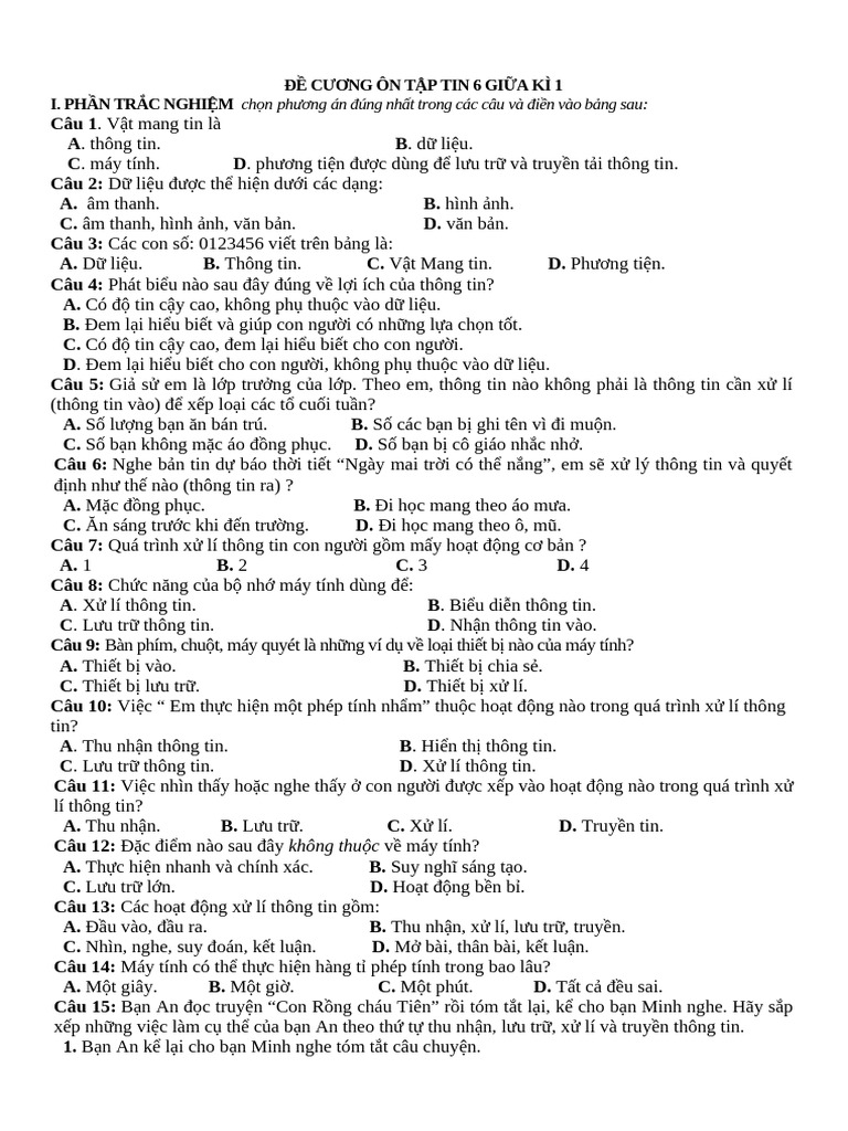 De Cuong On Tap GK 1 Tin 6-2024-2025 | PDF