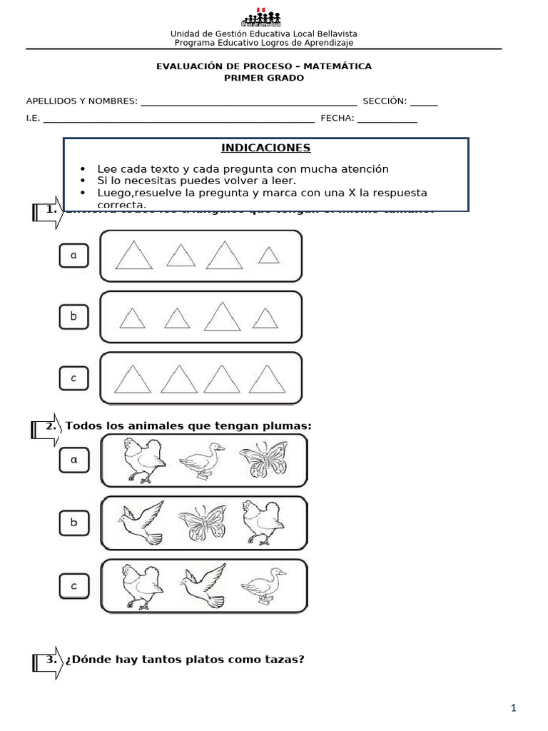 Evaluación Matemática Primer Grado | PDF