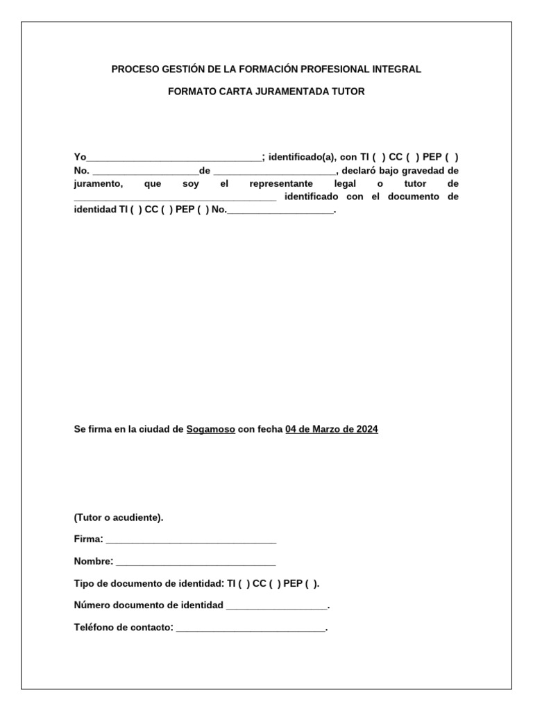 Formato Carta Juramentada Tutor | PDF