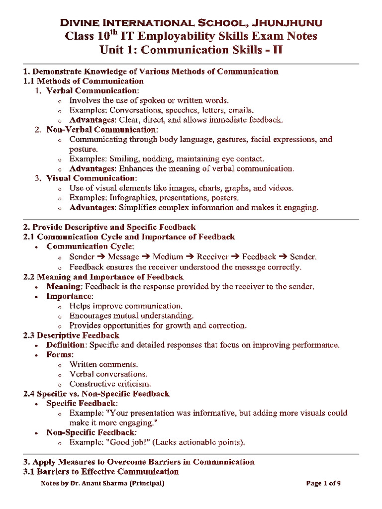 Class 10th IT Employability Skills Exam Notes | PDF