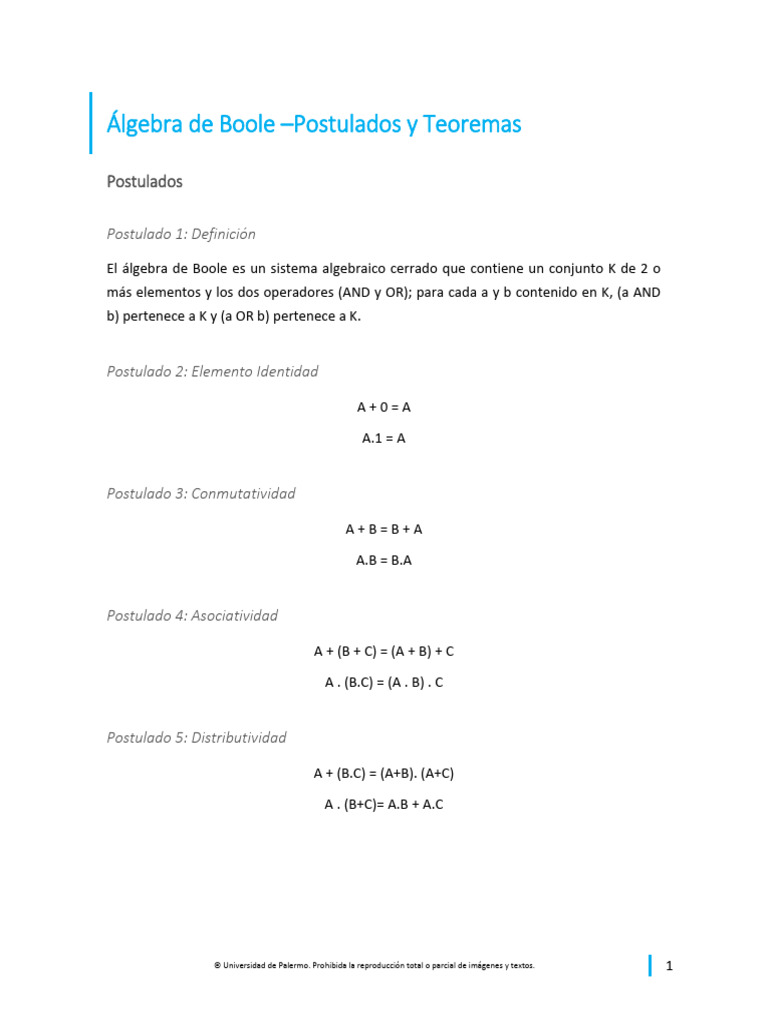 Apunte, Postulados y Teoremas | PDF | Álgebra de Boole | Enseñanza de ...
