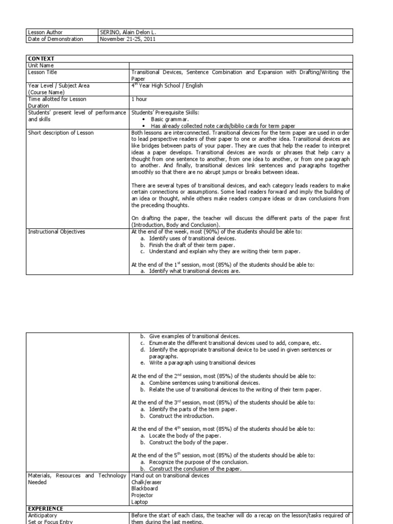 IPP Lesson Plan (Transitional Devices and Writing Term Paper) | PDF ...