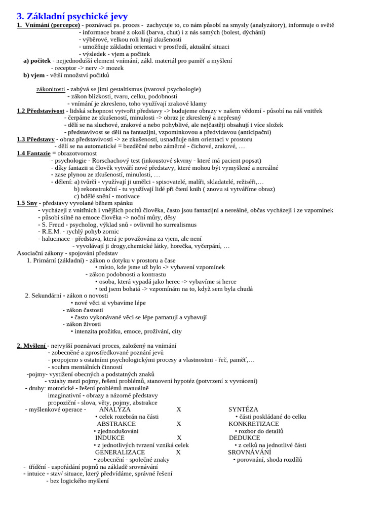Základní Psychické Jevy - Procesy, Stavy Atd.. | PDF