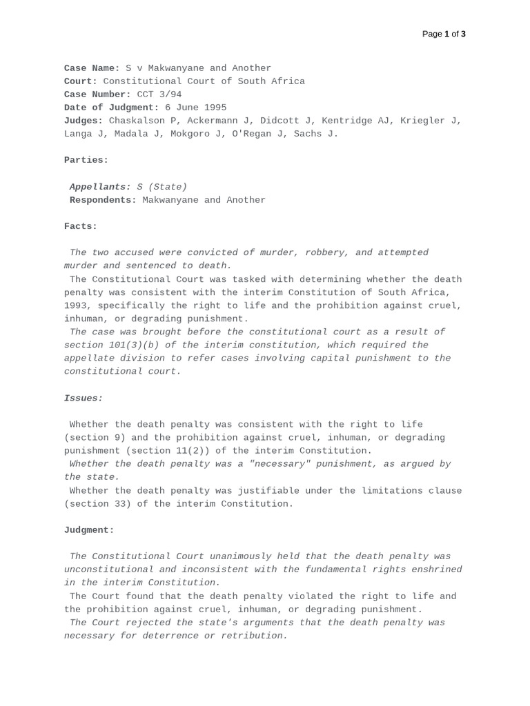 S V Makwanyane Case Note | PDF | Capital Punishment | Common Law