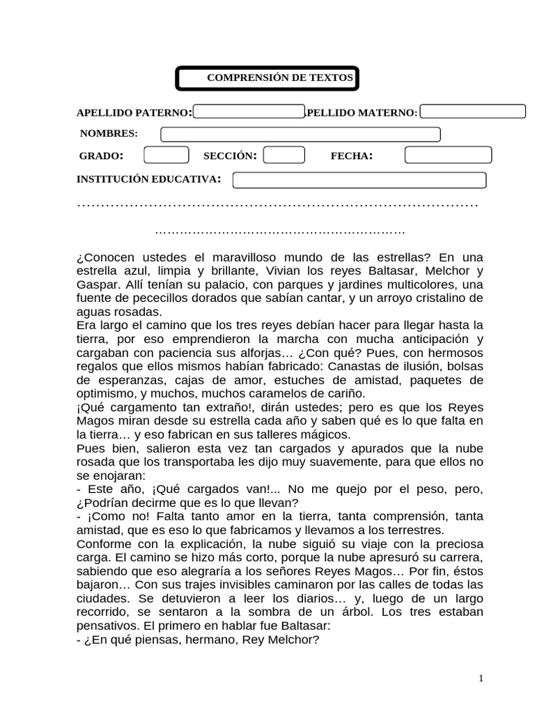 Ficha Comprensión Lectora LOS TRES REYES MAGOS | PDF