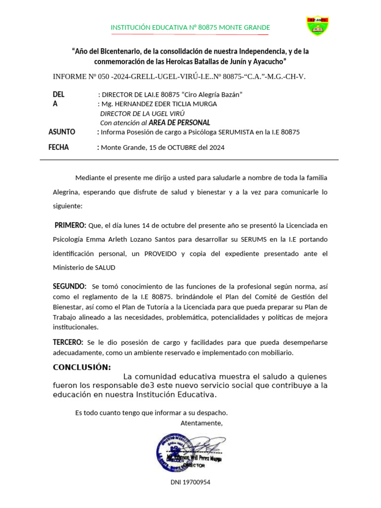 Posesión de Psicóloga en I.E. 80875 Monte Grande | PDF