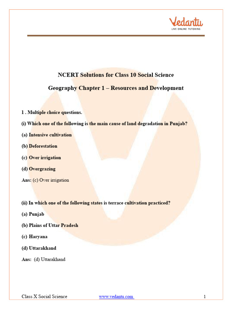 NCERT Solutions for Class 10 Social Science Geography Chapter 1 Resources And Development - Free ...