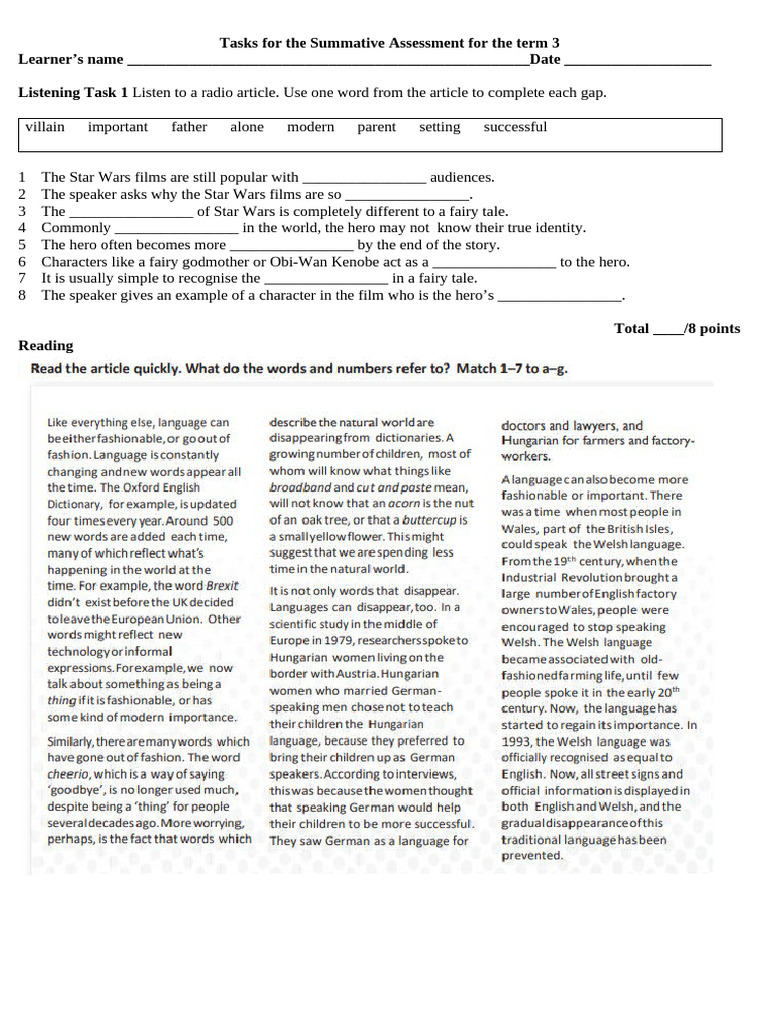 Summative Assessment Tasks for Term 3 | PDF | Fairy Tales | Star Wars