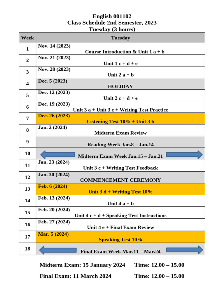 102 Class Schedule 2nd Semester 2023 Tuesday 3 Hrs | PDF
