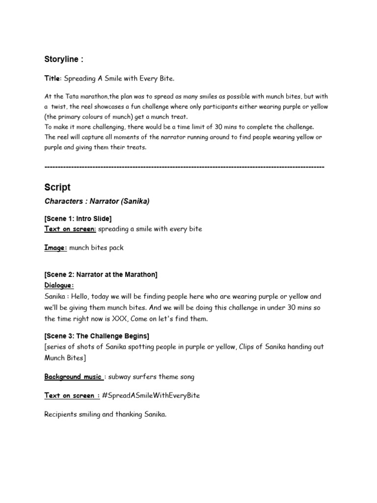 Sanika Alve - Munch Bites Storyline and Script | PDF