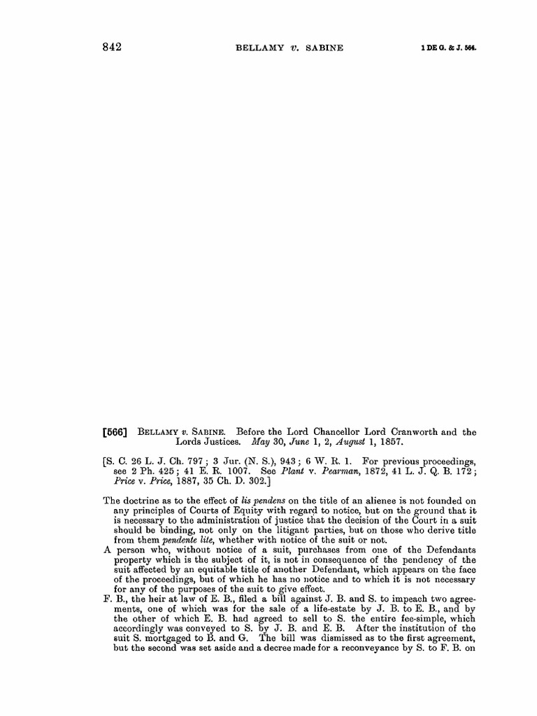 Bellamy V Sabine (1857) 44 ER 842 | PDF | Lawsuit | Mortgage Law