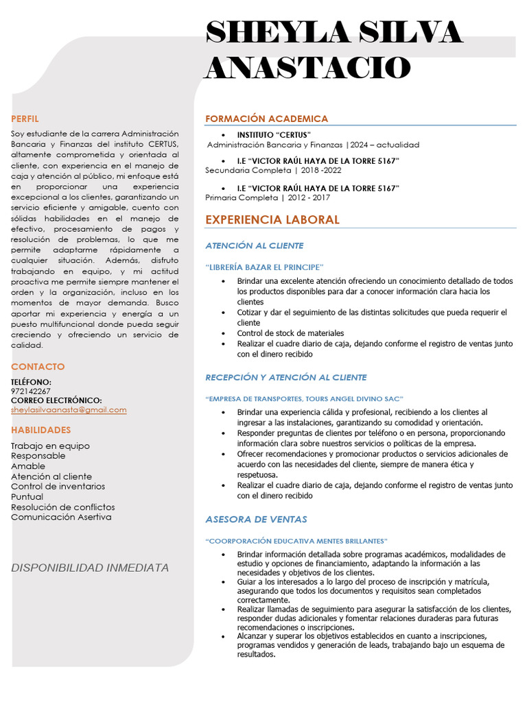 CV Sheyla Silva | PDF | Servicio al Cliente | Business