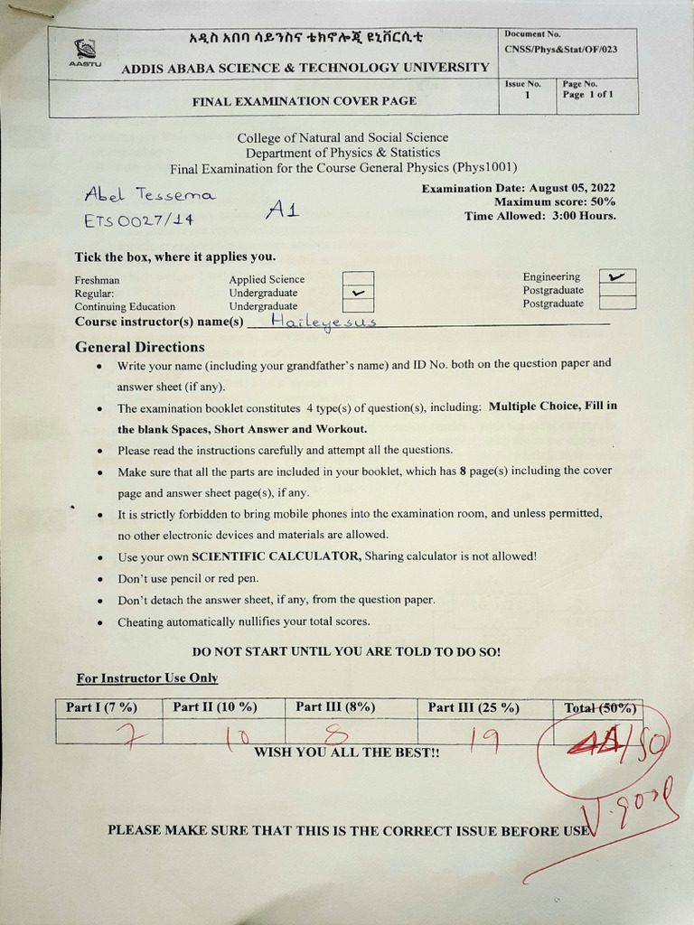Physics Final Exam 1 (AASTU) | PDF