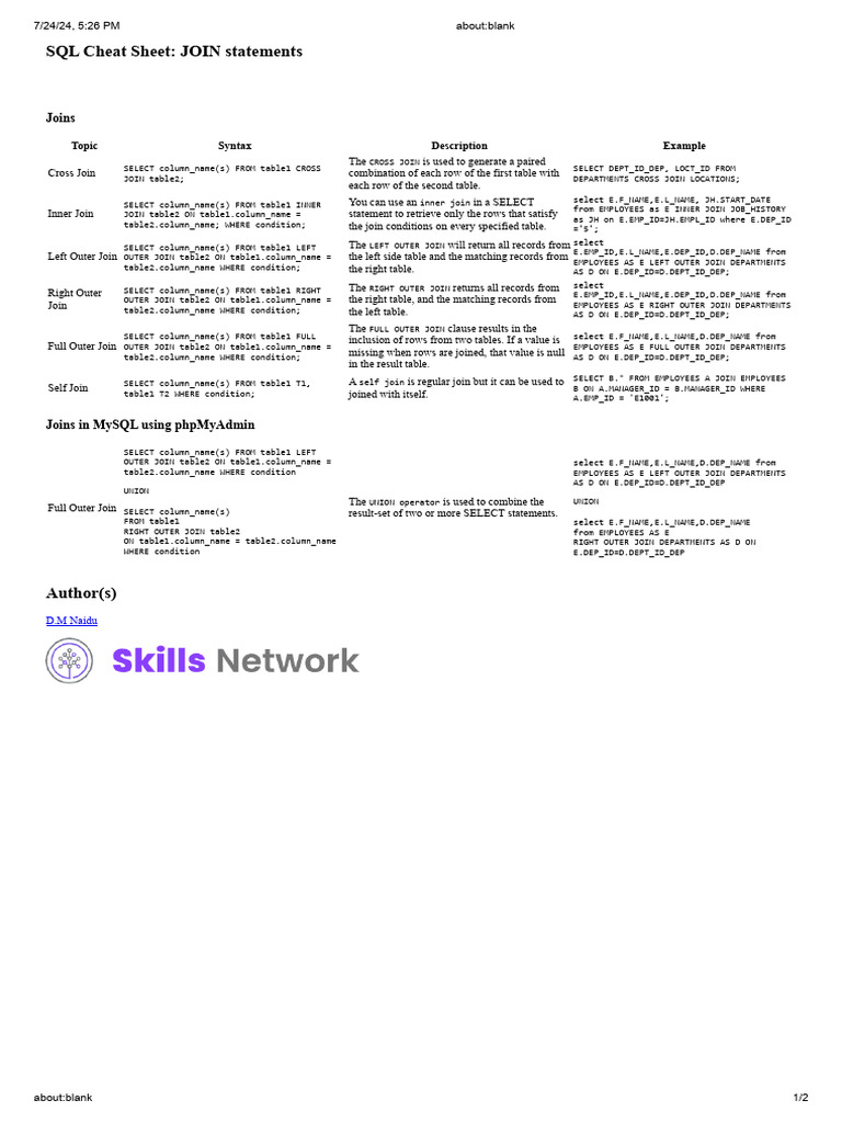 SQL Cheat Sheet JOIN Statements | PDF | Databases | Sql SQL Cheat Sheet JOIN Statements | PDF | Databases | Sql