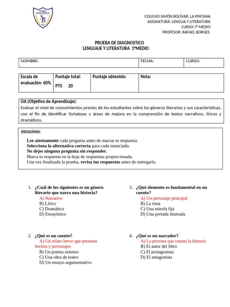 Prueba Diagnóstica Lengua y Literatura 1° Medio | PDF | Poesía | Narración