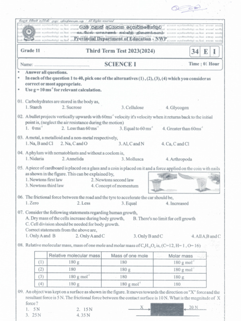 Grade 11 Science 3rd NWP English Medium | PDF